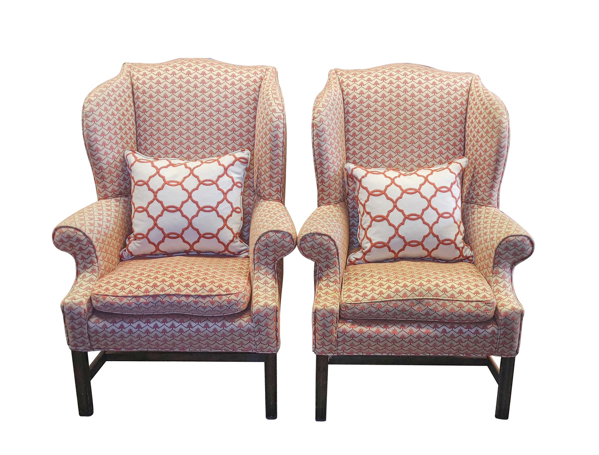 Vintage Mahogany Wing Chairs Custom Coral Brocade Upholstery – ATTIC ...