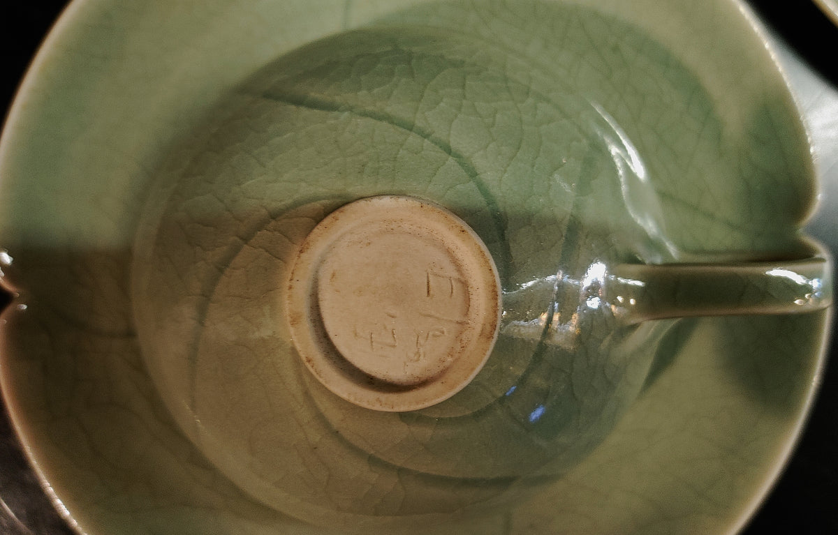 Original Celadon Green Glazed Pottery Scalloped Tea Cups and Saucers S ...